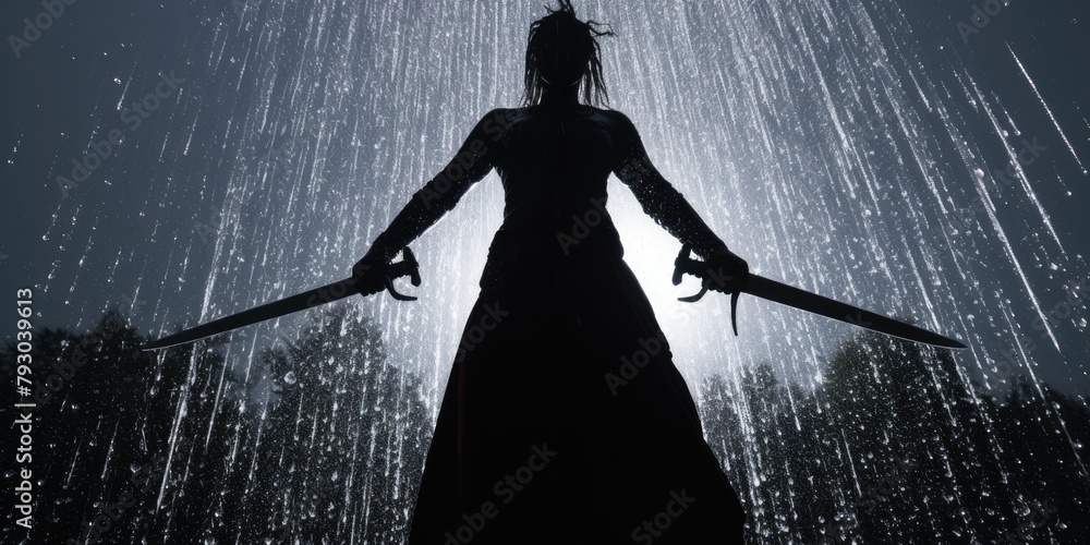 Amidst the pouring rain, a hooded figure grips a sword, casting an ...