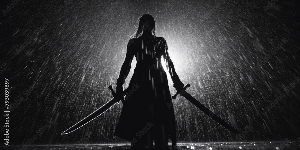 Amidst the pouring rain, a hooded figure grips a sword, casting an ...