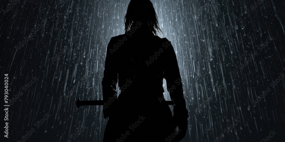 Amidst the pouring rain, a hooded figure grips a sword, casting an ...
