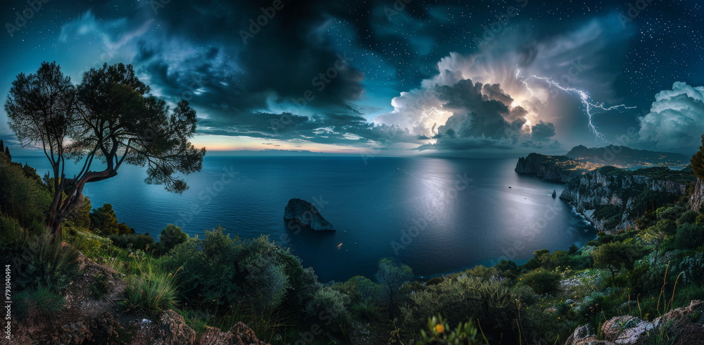 Vue spectaculaire d'un orage en mer vue depuis la côte de nuit Stock ...