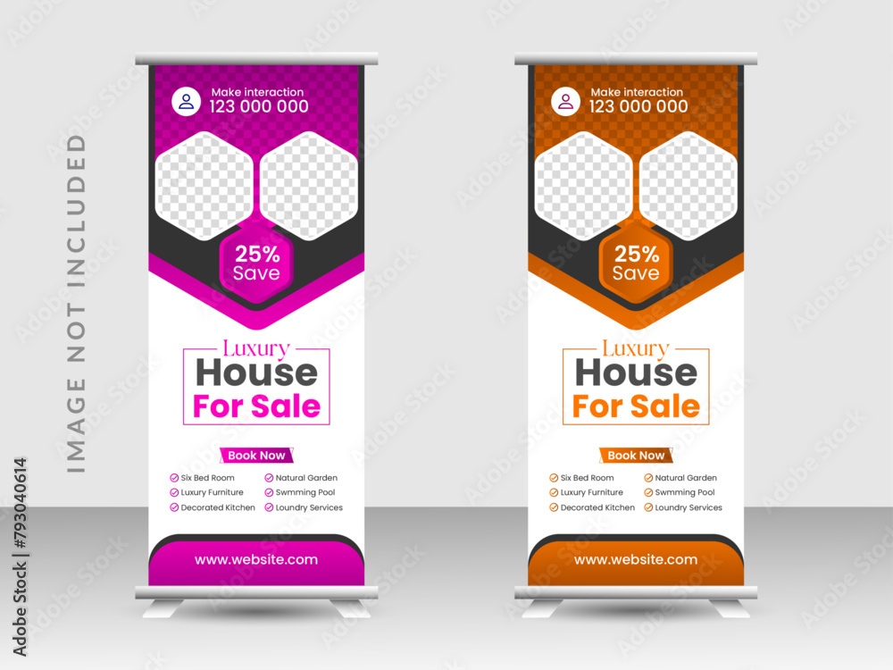 Real Estate business Roll up banner template design with three color ...