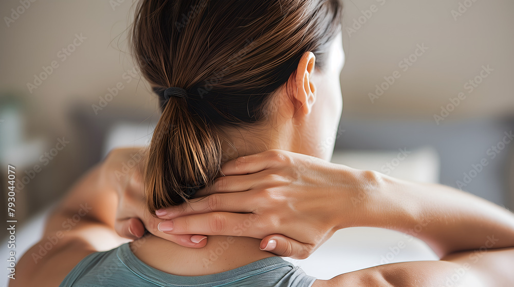 Pain in the neck muscle of Caucasian woman. Nape pain and nuchal ...