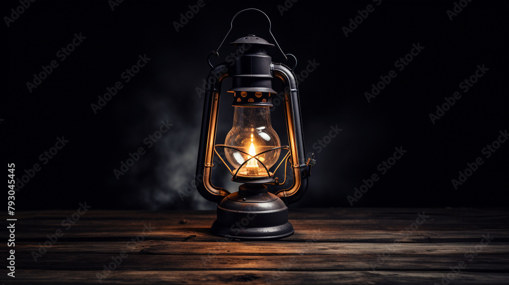 vintage oil lamp turned on with simple background, moody lighting, dark ...