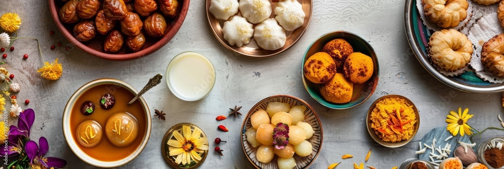 A delightful spread of Indian sweets, including gulab jamun, rasgulla ...