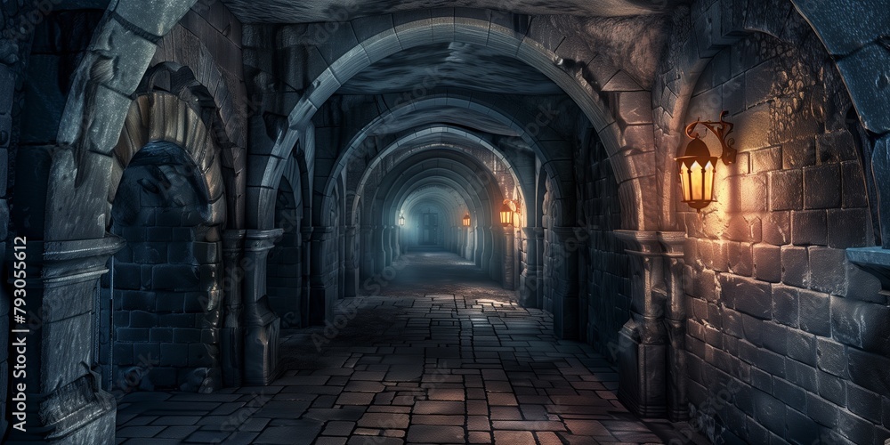 Dark dungeon backgrounds, long scary medieval castle corridor with ...