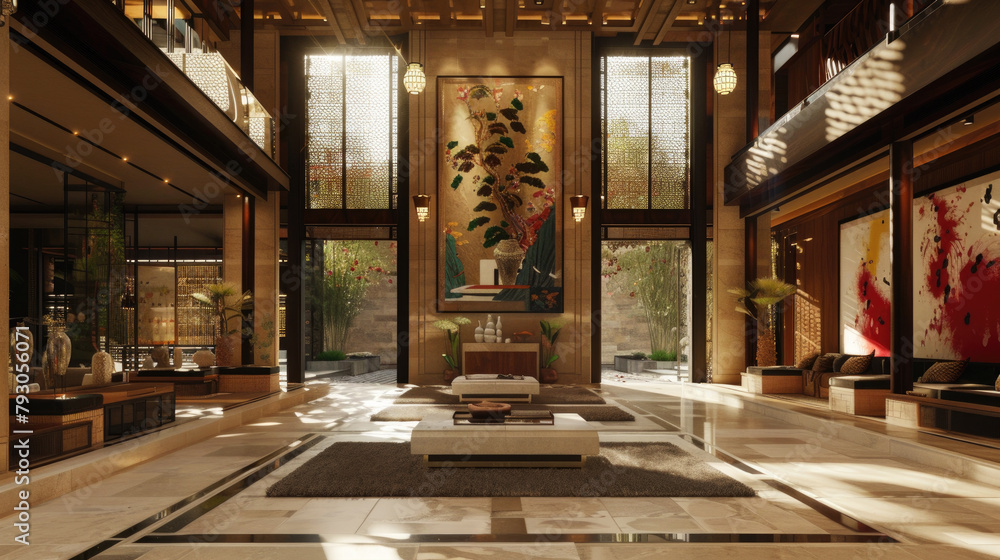 Luxury interior of museum or rich mansion, empty modern hall with ...