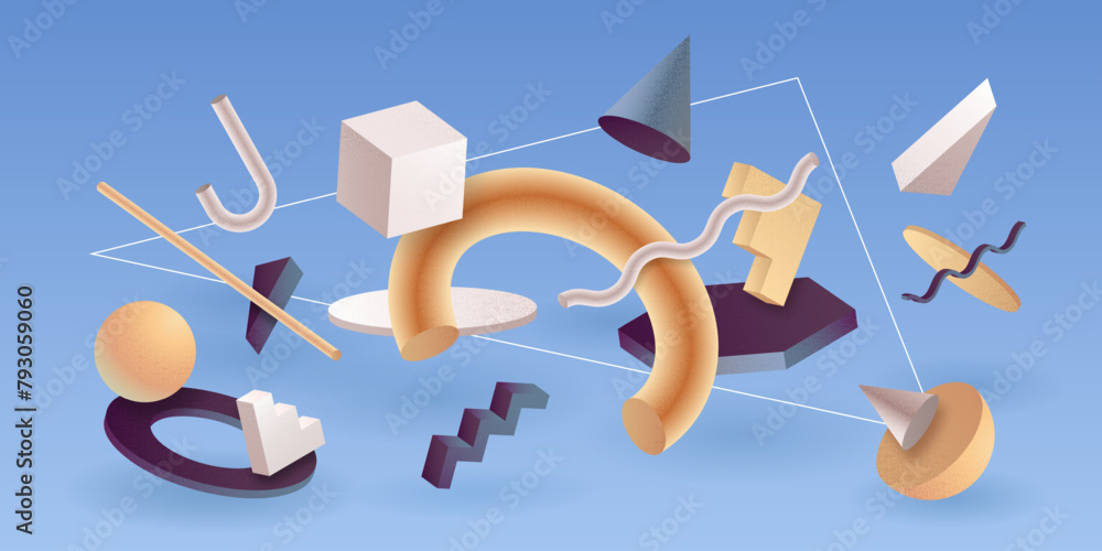3d motion design. Graphic shapes, isometric triangle poster with ...