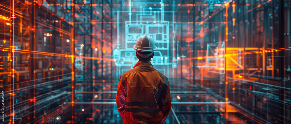 Future Blueprint Construction worker views holographic blueprint of ...