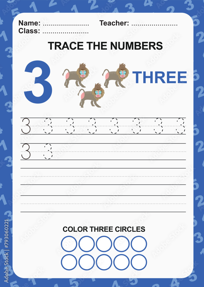 Trace and write number for children. Exercise for children to recognize ...