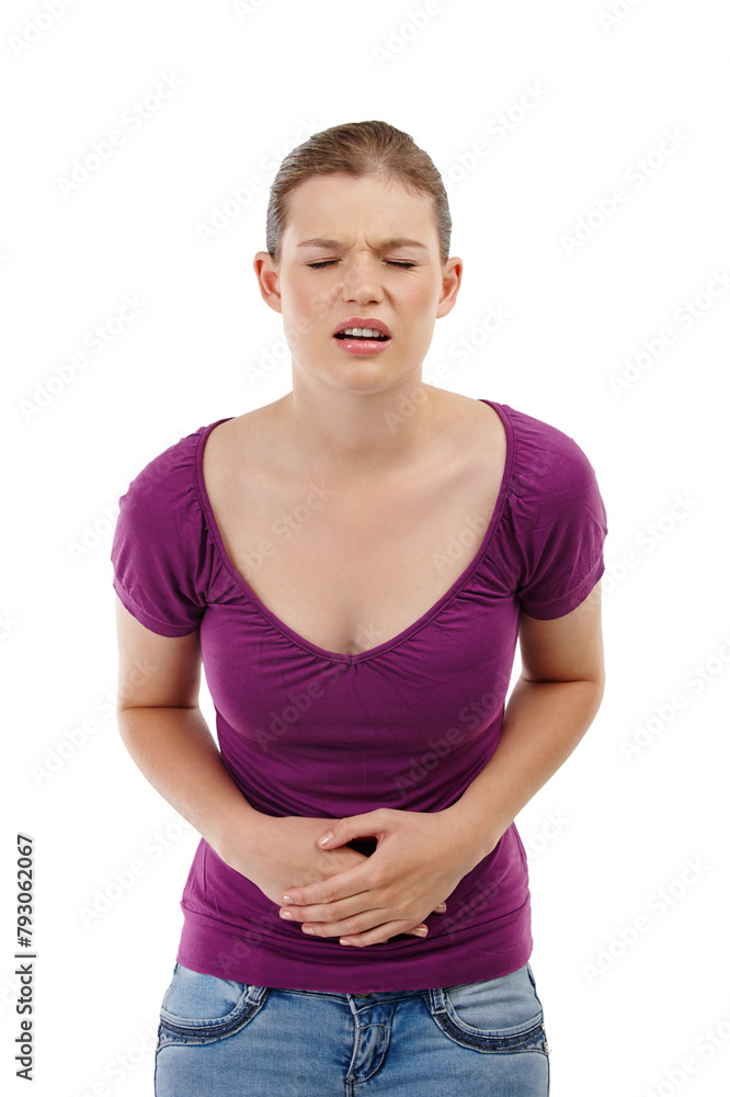 Woman, hands and stomach ache in studio with pain, health issue and ...