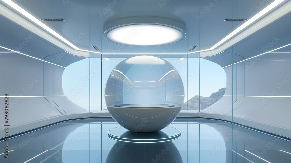 Empty futuristic display glass capsule mock up in high tech style lab ...