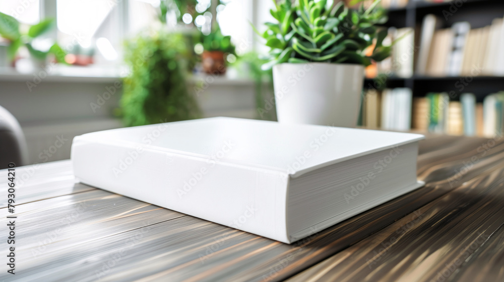 Mock-up of a close book with blank white cover placed on a wooden table ...