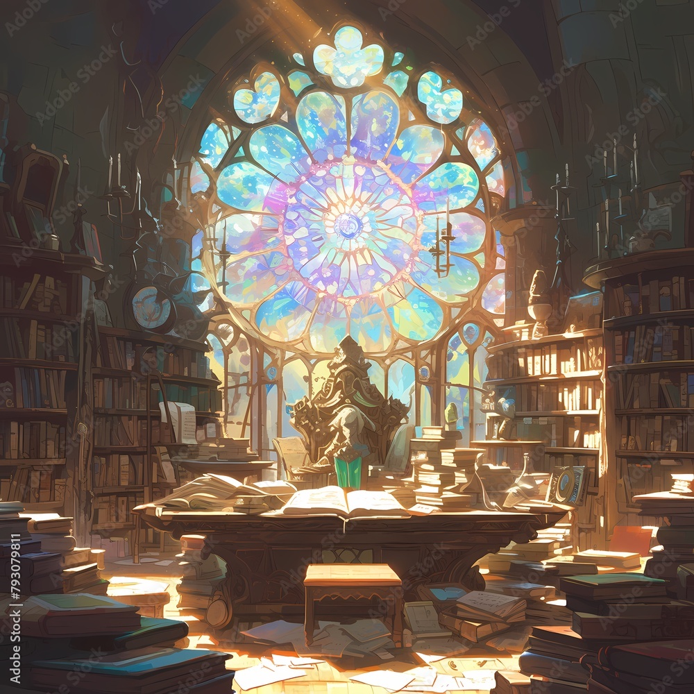 An Elegant Library Scene with Sunlit Stained Glass and a Well-Stocked ...