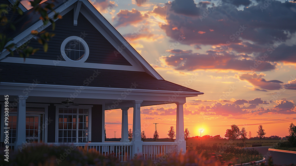 Majestic sunset behind a new community clubhouse with a white porch and ...