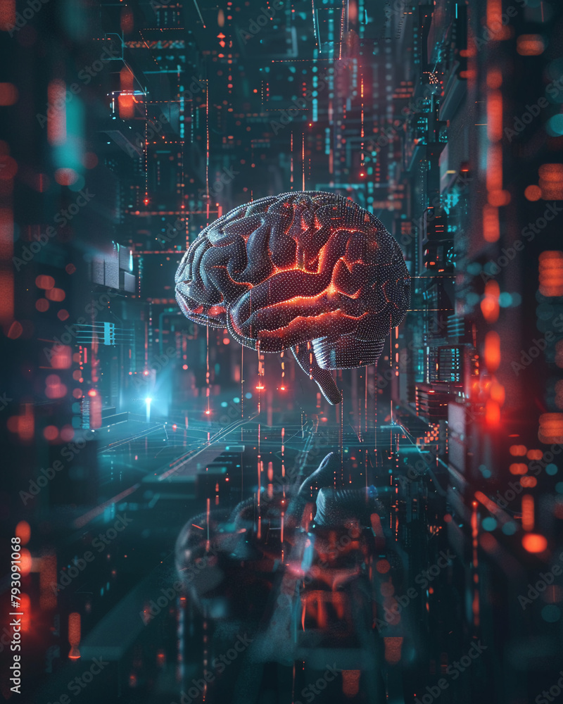 Futuristic visualization of an AI brain merging with circuitry, depicting neural data flows in a ...
