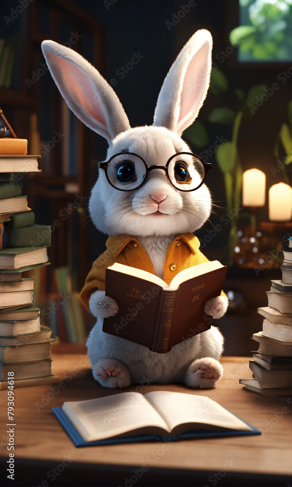 Smart Bunny Reading with Glasses in Unreal Engine Render Stock ...