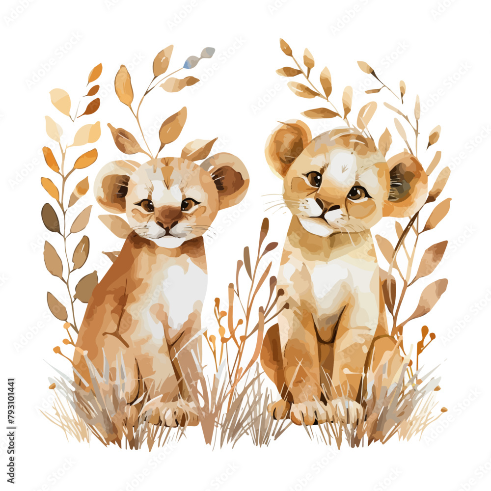 Watercolor clipart vector of a lion cub, isolated on a white background ...