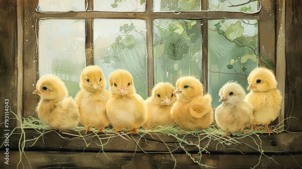 A huddle of fluffy chicks peep softly in their nest, bobbing their ...