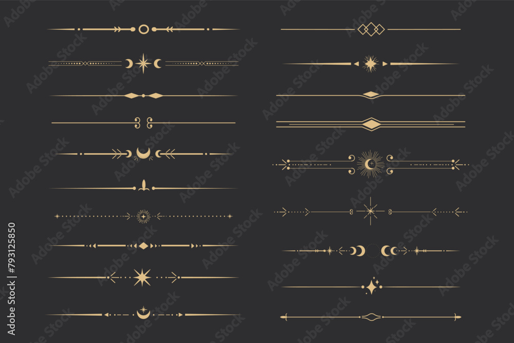 Golden divider celestial border with stars moon and sun thin line ...