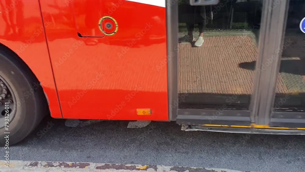 Bus stop. The bus arrived at the video stop. Bus wheels. Bus city ...