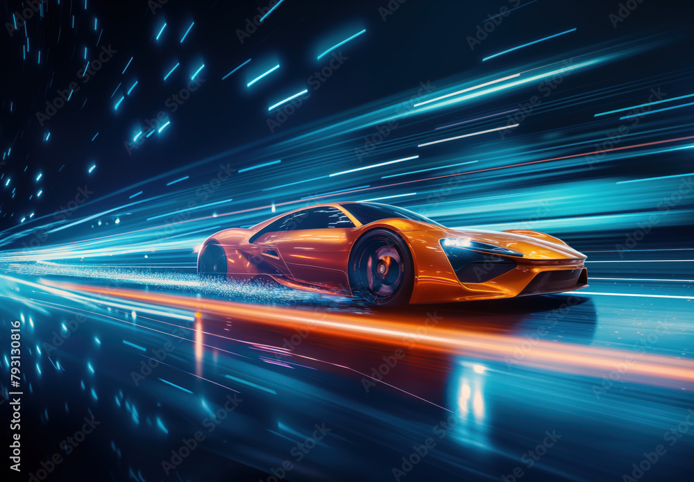 the futuristic elan concept car driving along a city road at night time ...