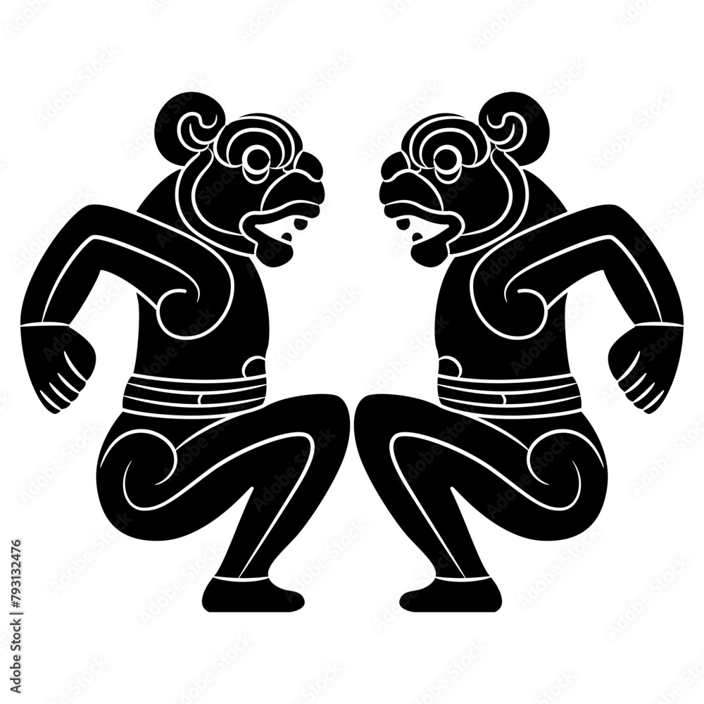 Symmetrical animal design with two seated anthropomorphic jaguar men ...