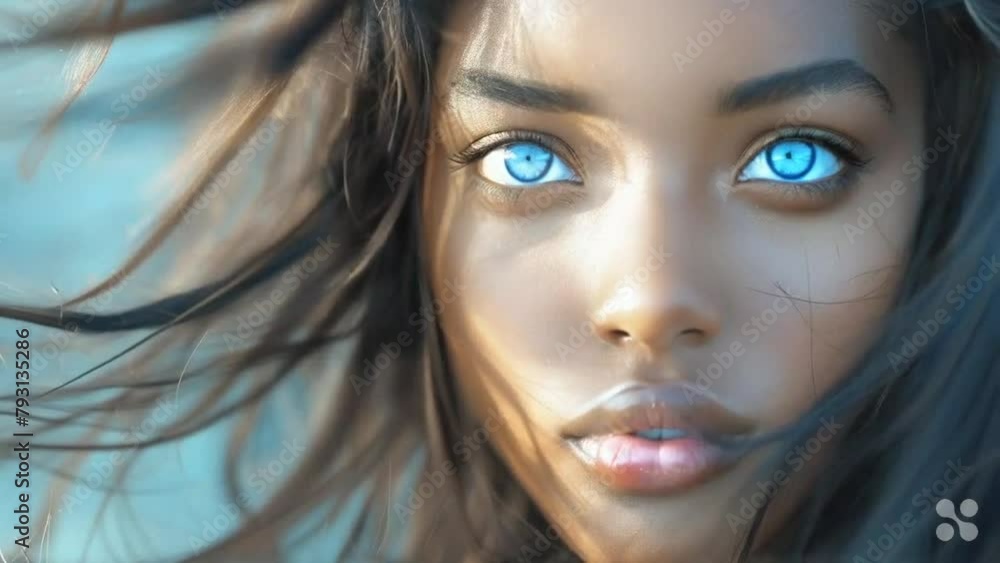 (((Woman, 18 years old, African American, blue eyes, black hair, hair ...