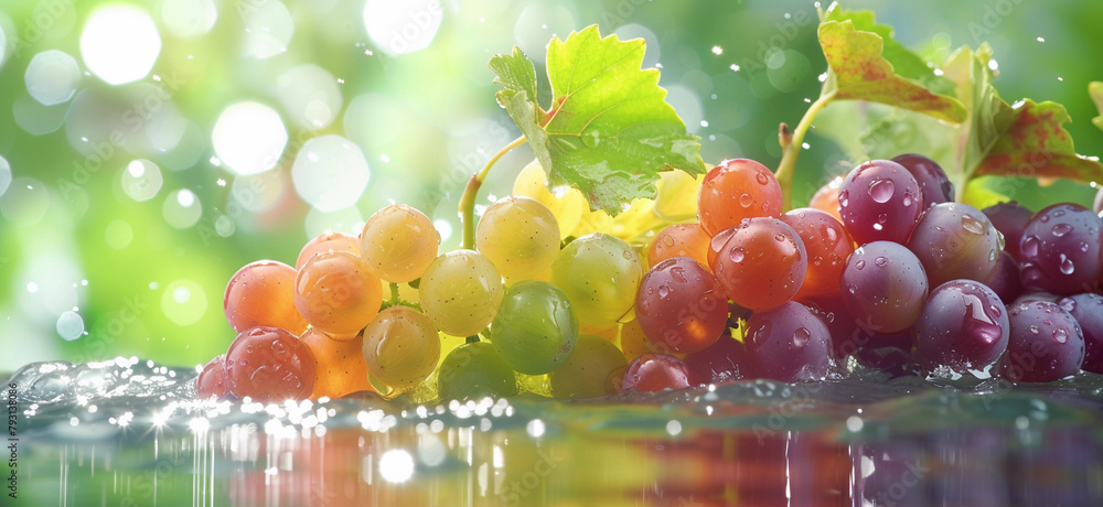 Fresh green grape splashing in water with droplets flying around ...