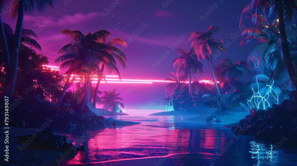 Vaporwave, neon landscape with palms and sunset. A retro futuristic ...