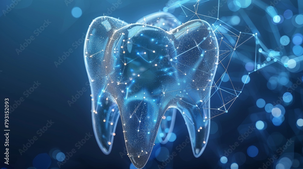 Polygonal 3D tooth innovation robot arm concept. Stomatology symbol low ...