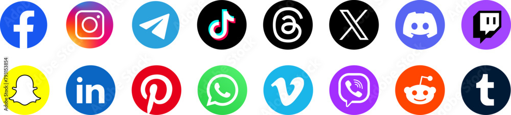 Set of round shaped icons of popular social applications. Modern design ...