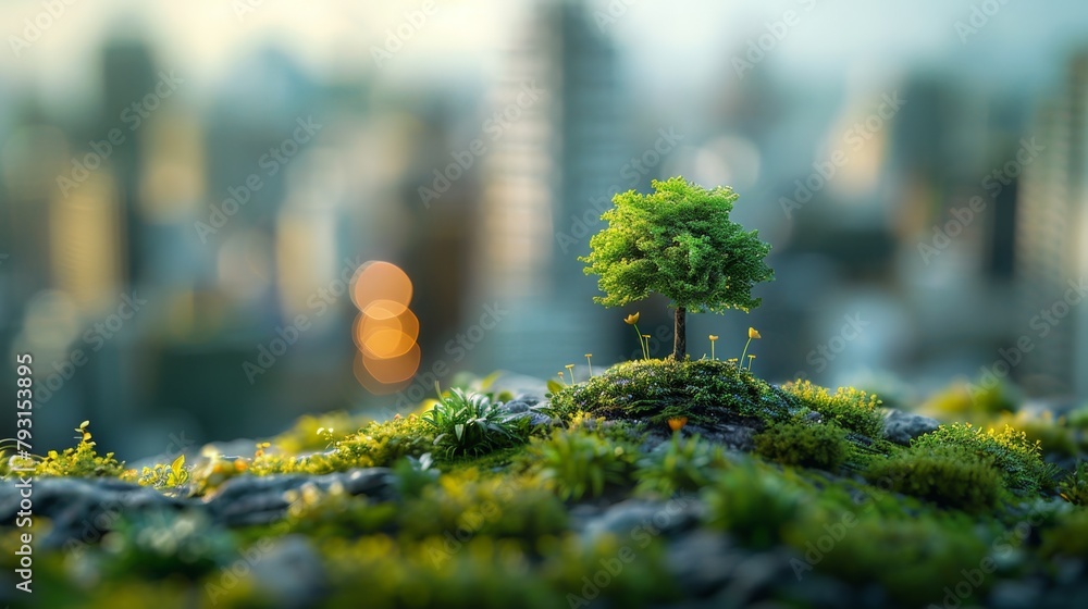 Tiny sustainable office landscapes in tilt-shift photography symbolize ...