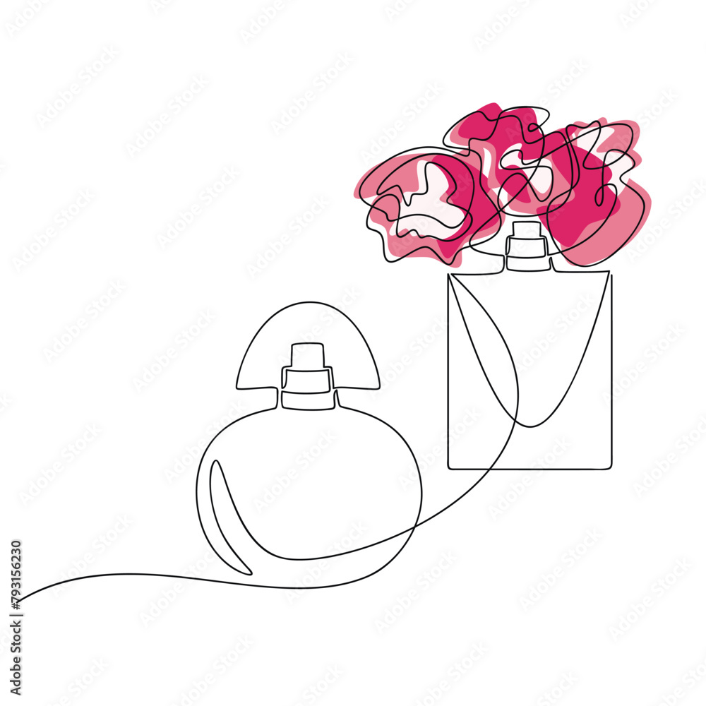 Hand drawn perfume bottle with flowers vector. Line continuous drawing ...