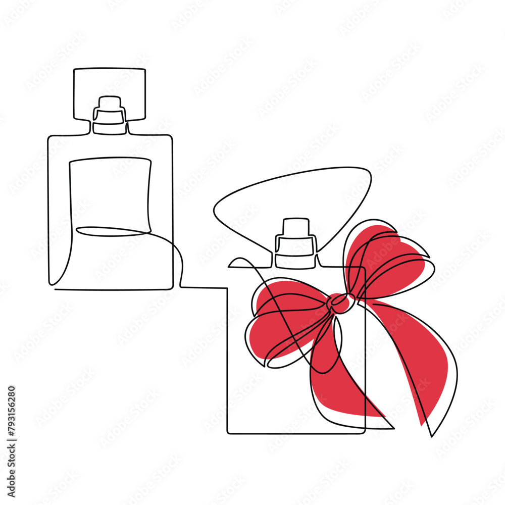 Hand drawn perfume bottle red ribbon bow vector. Line continuous ...