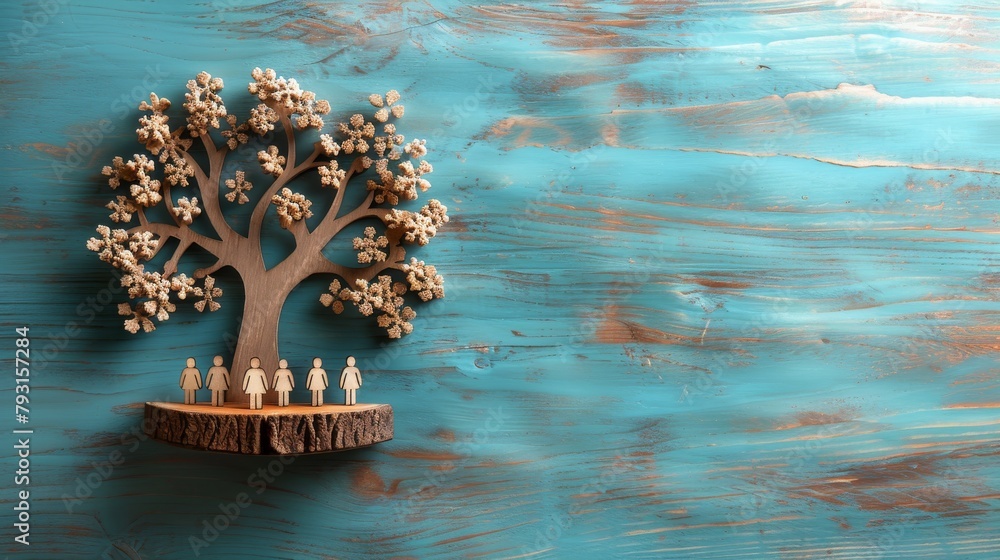 Over a blue table is an image of a wooden tree with people icons ...