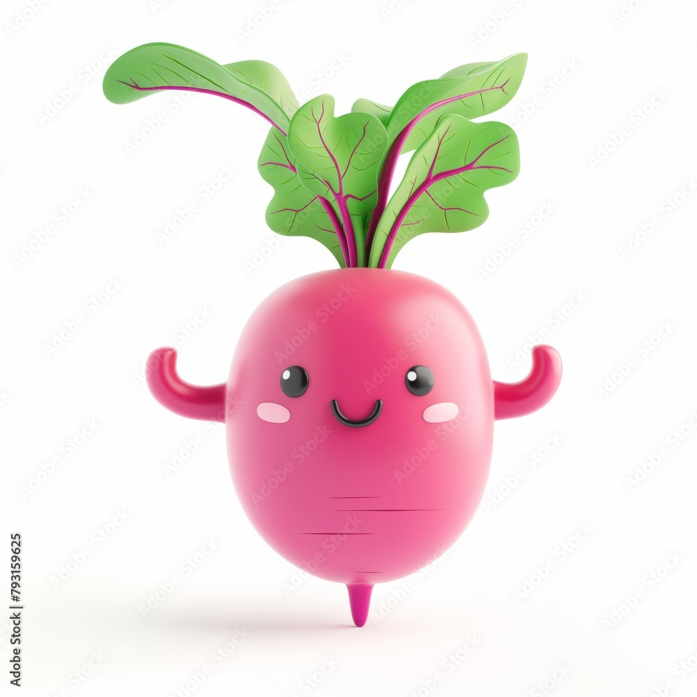 Pink radish with eyes and hands, green leaves, 3d, cute cartoon ...