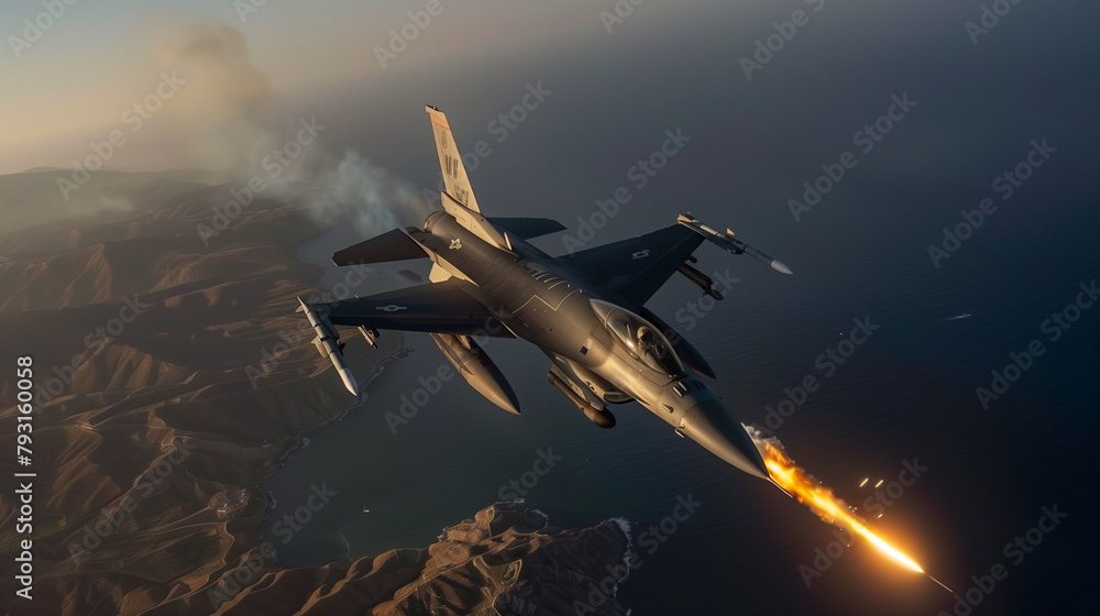 Cinematic shot of an F-16 releasing a missile over a coastal landscape ...