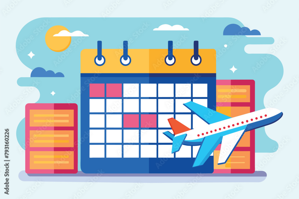A calendar displaying a flight schedule with an airplane icon marking a ...