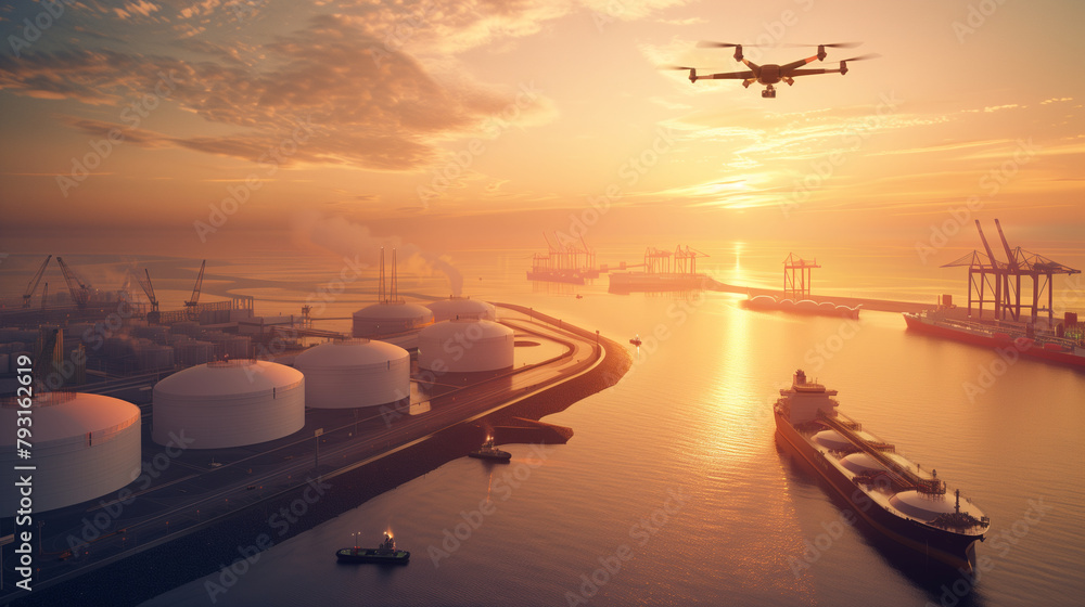 The drone surveys a coastal liquefied natural gas (LNG) terminal, with ...
