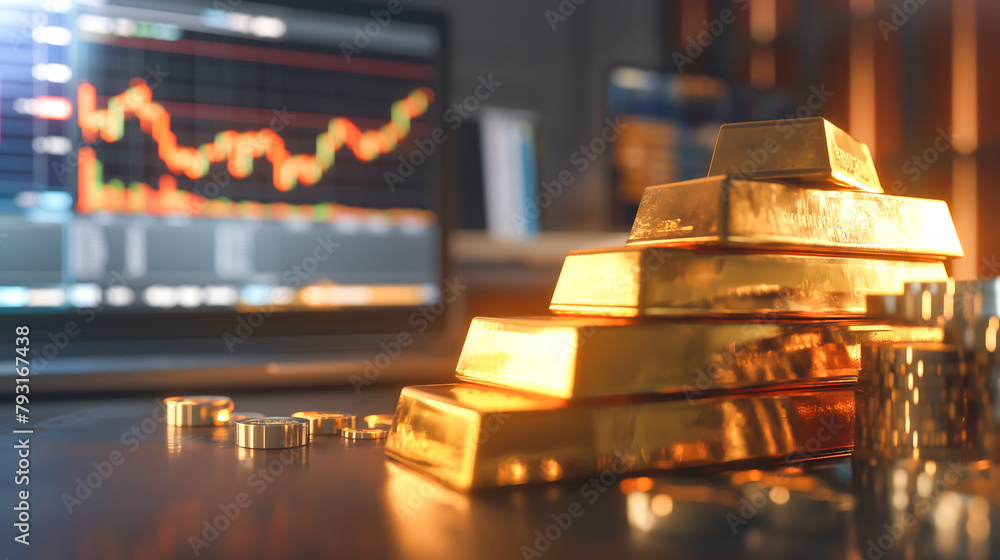 Gold bars on the desk, Charts showing trading trends on the background ...