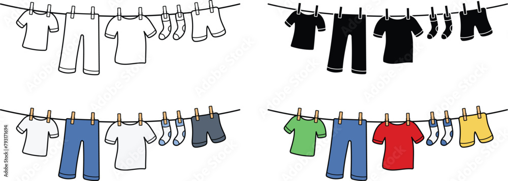 Clothes Line or Clothing Hanging on a Laundry Line Clipart - Outline ...