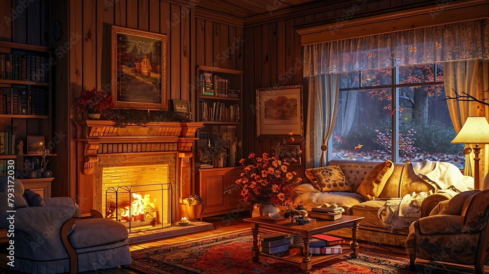 A cozy family room with a sectional sofa and a roaring fireplace ...