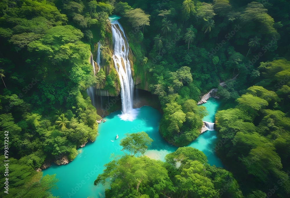 Panorama of beautiful waterfall splendid nature among greenery ...