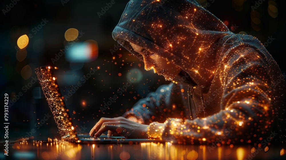 Graphite modern illustration of an anonymous hacker attacking a laptop computer. Cyber attack ...