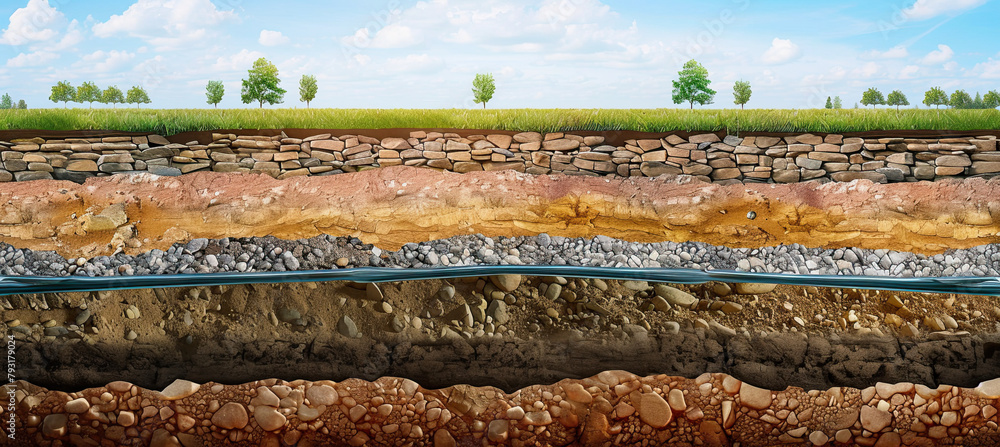 Section of soil with underground water, layers of earth and rocks Stock ...