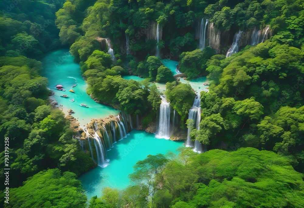 Panorama of beautiful waterfall splendid nature among greenery ...