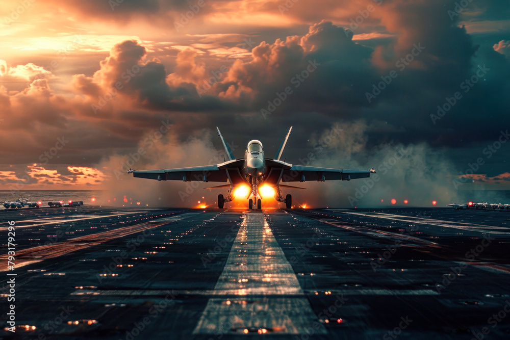 Military aircraft carrier fighter jet taking off from the runway ...