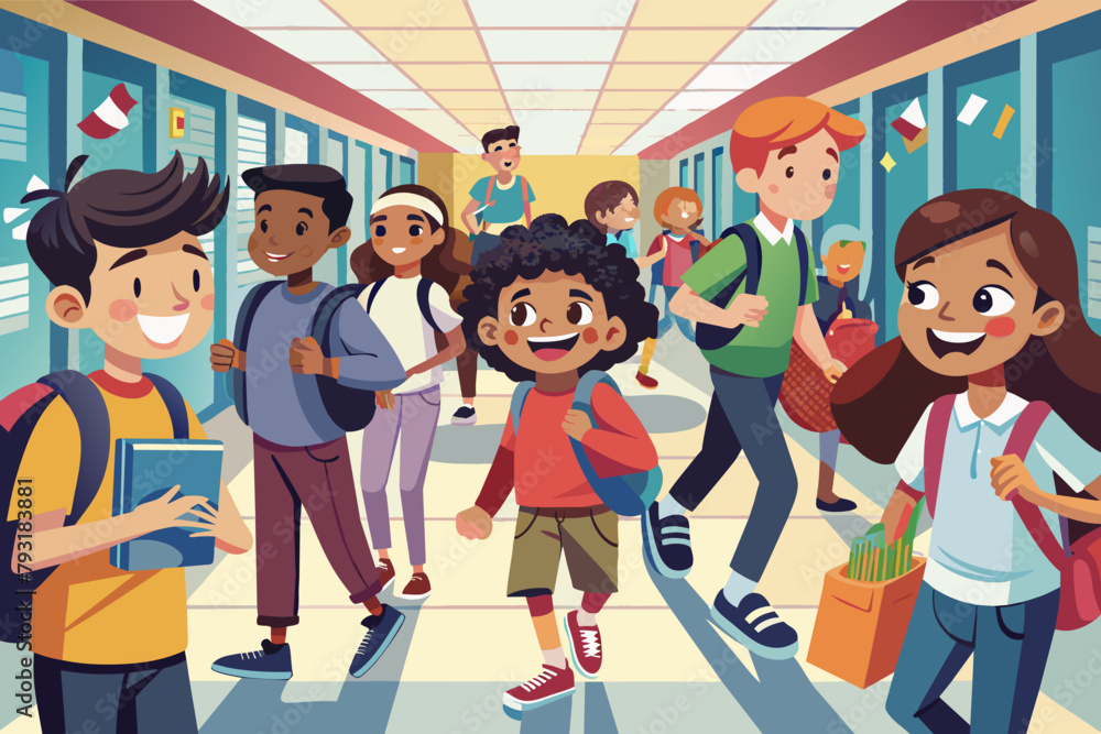 A bustling school hallway filled with diverse students rushing to class ...