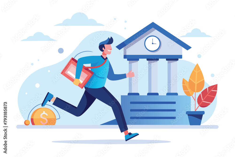 A man in action, running past a bank building with a bag of money in ...