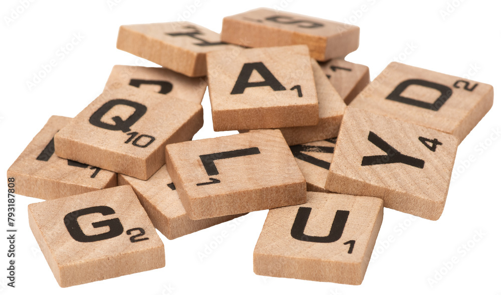 heap of wood blocks tiles scrabble letters isolated on a transparent ...